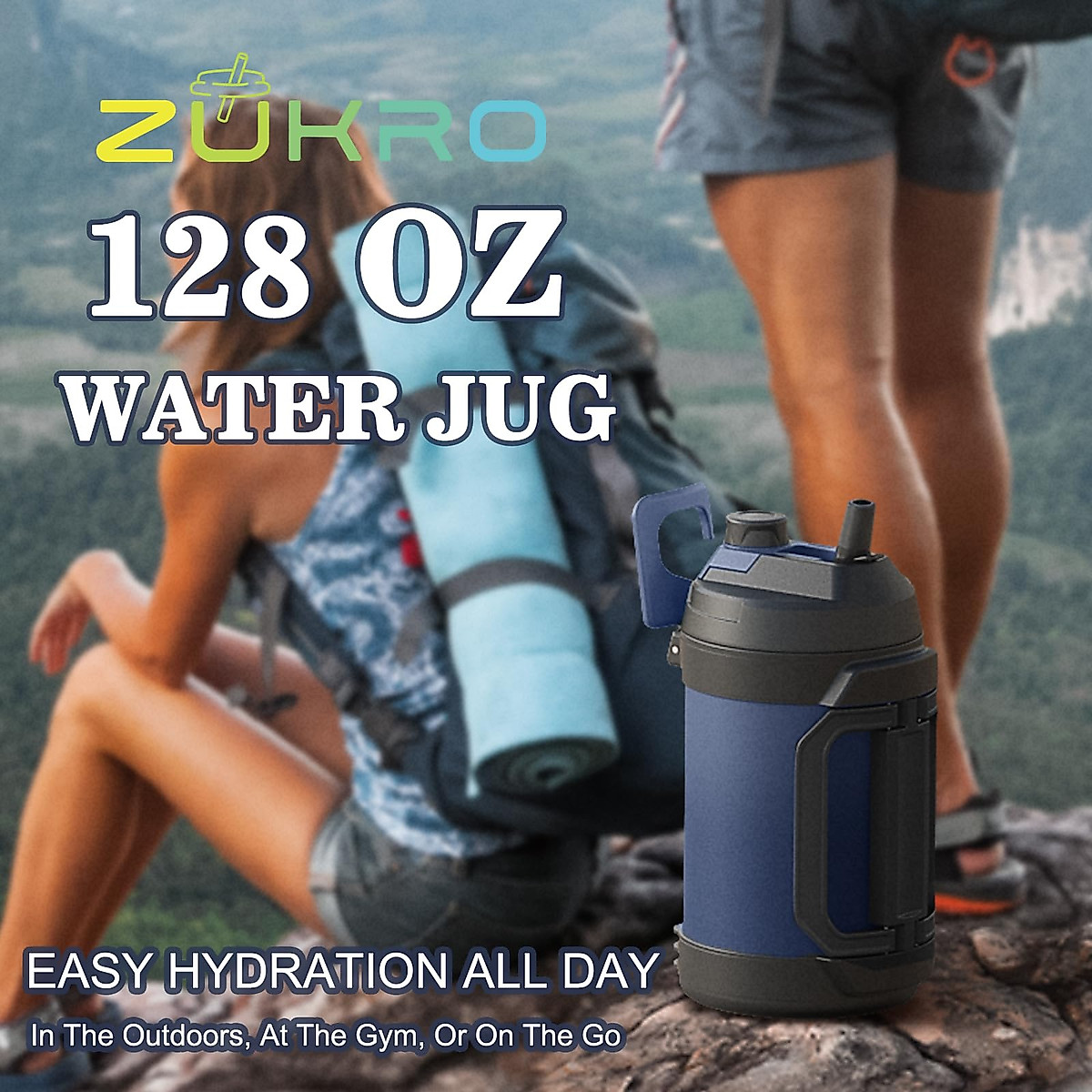 Zukro 1 Gallon Water Jug, One Gallon Large Triple Wall Insulated Metal Jug With Straw and Spout, No Sweat 128 oz Stainless Steel Sport Water Bottle Keeps Cold 48 Hours for Outdoors, Cyan
