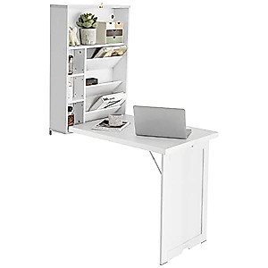 LDAILY Moccha Foldable Wall Mounted Table w/Classified Storage Space, Multiple-Purpose Desk, Sturdy Wood Structure, Floating Convertible Desk/Cabinet, Ideal for Home, Apartment, Narrow Place (White)