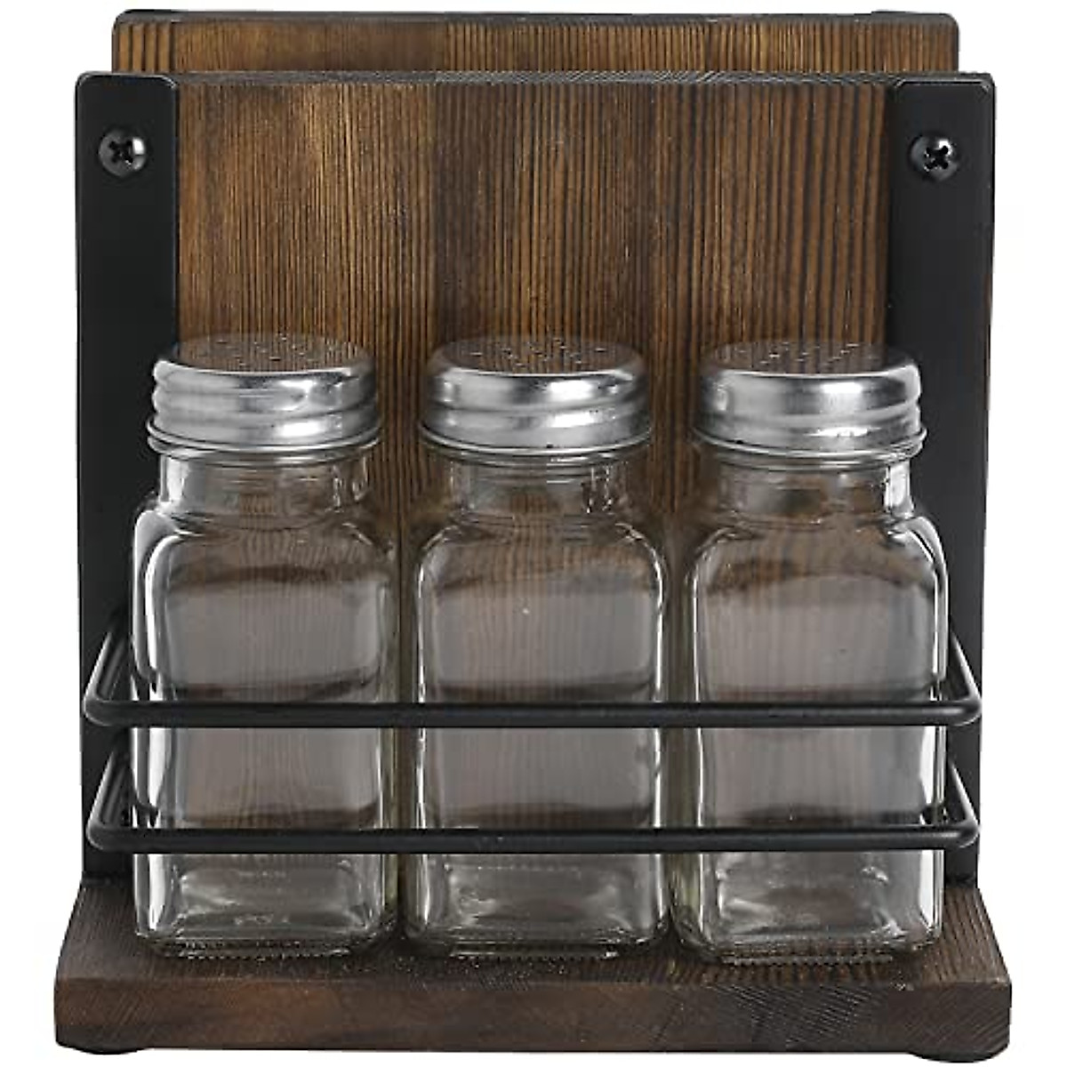 MyGift Rustic Burnt Solid Wood Napkin Holder and Salt & Pepper Caddy, 4 Piece Set Dining Tabletop Napkin Dispenser with Condiment Caddy and 3 Glass Bottle Shakers
