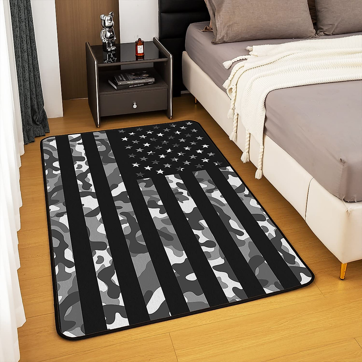 jejeloiu American Flag Area Rug 3x5 Camouflage Flag Indoor Floor Mat Room Decorative Geometry Strip Lines Rugs for Living Room Bedroom Green Grey White Accent Rug