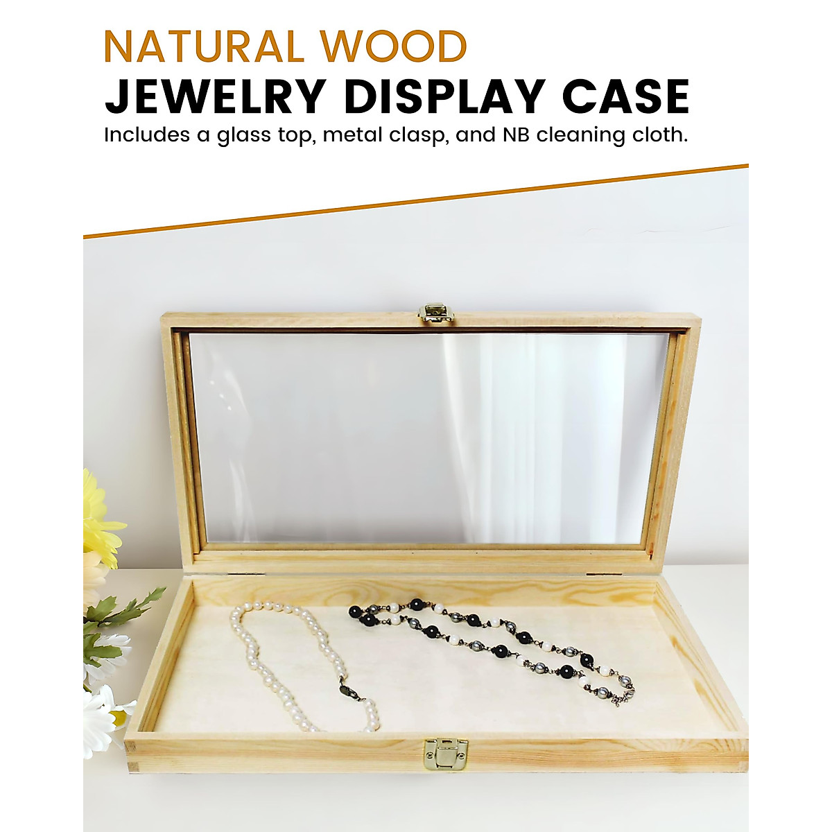 Novel Box Jewelry Display Case Wood 14.75x8.25x2.1 Large Glass Jewelry Box with Lid - Display Cases for Collectibles - Rock Collection Box with Metal Clasp - Gem Display Case