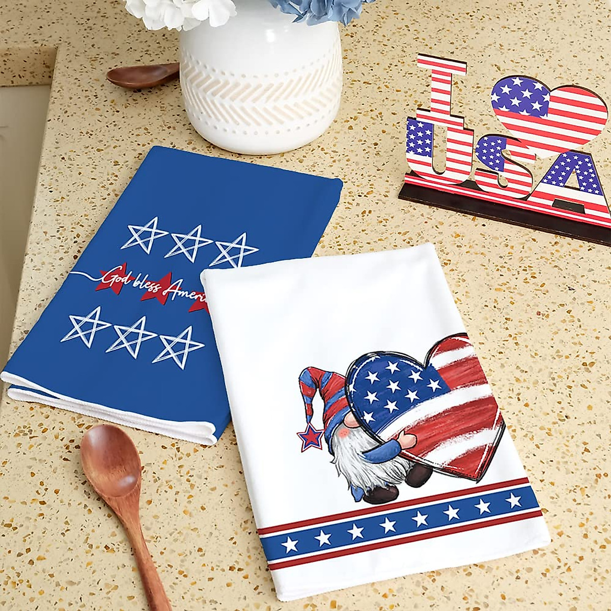 GEEORY Kitchen Towels for 4th of July Decorations Floral Home Sweet Home Patriotic Dish Towels 18x26 Inch Ultra Absorbent Bar Drying Cloth Hand Towel for Kitchen Bathroom Party Home Set of 2 GD090