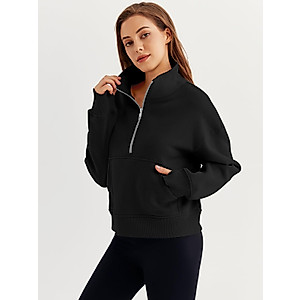 Trendy Queen Womens Half Zip Cropped Pullover Oversized Sweatshirts Fleece Quarter Zipper Hoodies Winter Clothes Sweaters Thumb Hole Black