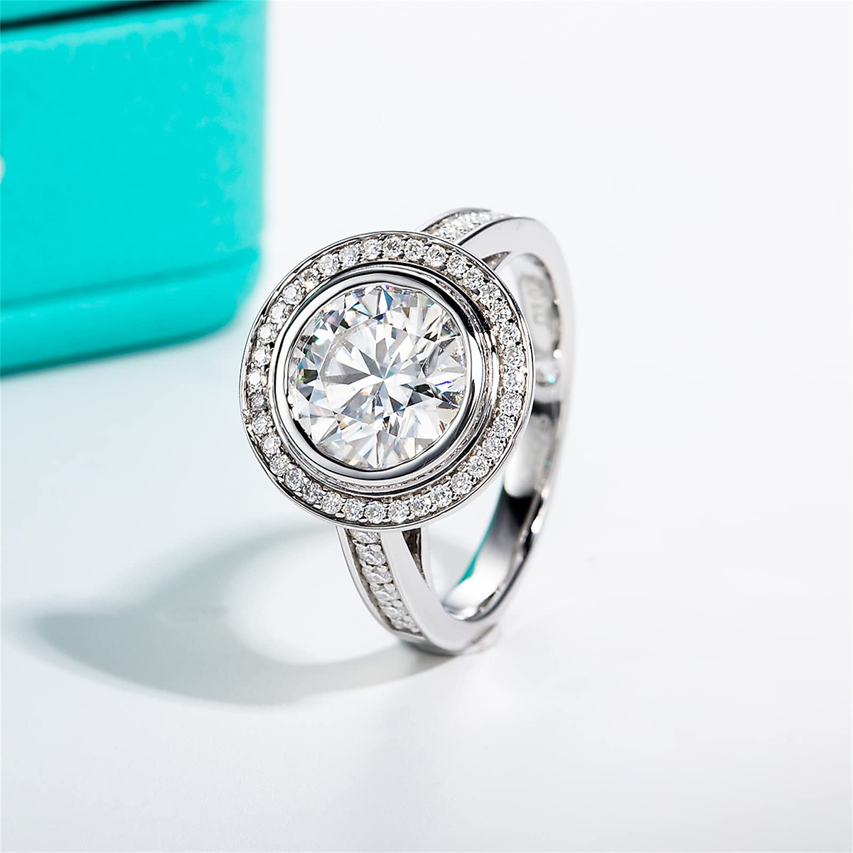 Raivari Moissanite Engagement Rings, 3.5CTTW Bezel Setting Round Lab Created Diamond Promise Rings in 14K White Gold Plated Sterling Silver, Anniversary Rings for Women9