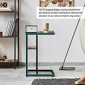 C Shaped Side Table for Sofa, Small Couch End Table for Small Spaces，Skinny Couch Side Tables Slide Under Sofa Bed,Snack Table with Bamboo, Modern Rustic Brown