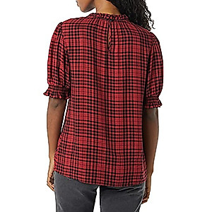 Amazon Essentials Women's Fluid Twill Short Puff Sleeve Smock Detail Shirt, Red/Black, Medium Plaid, XX-Large