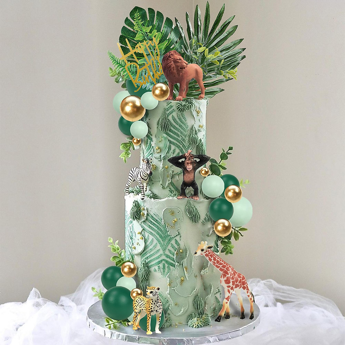 40 PCS Safari Jungle Cake Toppers Chimpanzee Monkey Cake Toppers Animals Figure Toys Gold Palms Picks Jungle Wild One Animals Cake Decorations for Baby Shower Safari Party Holiday Party (style 1)