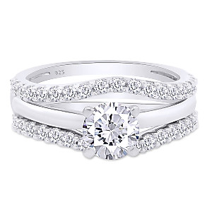 AFFY Round White Cubic Zirconia Enhancer Guard Ring In 14K White Gold Over Sterling Silver Jewelry For Women (1.00 Cttw) Ring Size-9.5