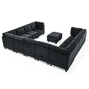 Melpomene 142'' U-Shape Velvet Sectional Sofa Couch，DIY Combination Includes 7 Single Chair 4 Corner and 1 Ottoman, Living Room Furniture Set for Villa & House,Black