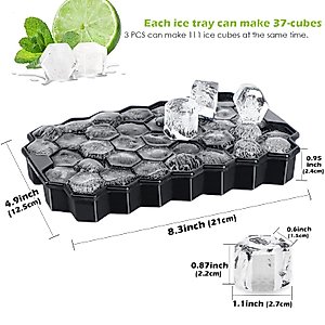 Hocerlu Ice Cube Trays, 3 Pack Silicone Small Ice Cube Trays with Removable Lid, Easy-Release Flexible Hexagonal 37-Ice Cube Molds, Stackable for Freezer, Chilled Drinks, Whiskey, Cocktail - Black