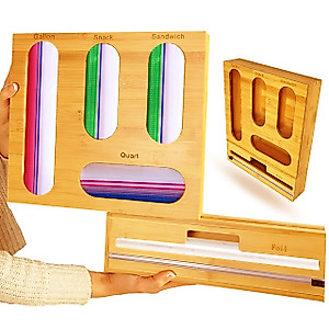 Wooden Ziplock Bag Organizer For drawer - Comes With Adjustable Foil or Plastic Wrap Dispenser With Cutter For Kitchen Drawer Organization and Storage - Zip Lock Bag Organizer Use in 1 or 2 Places