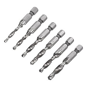 uxcell Combination Drill and Tap Bit Set, 6-32 8-32 10-3210-24 12-24 1/4-20 High Speed Steel 4341 Spiral Flute Drilling Tapping Tool 1/4" Hex Shank 6pcs