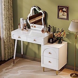 Chrangmay Vanity desk with mirror and lights,Small makeup vanity with 4 drawers,Modern makeup table with Adjustable Cabinet for Bedroom,Makeup Room,Writing Desk,White