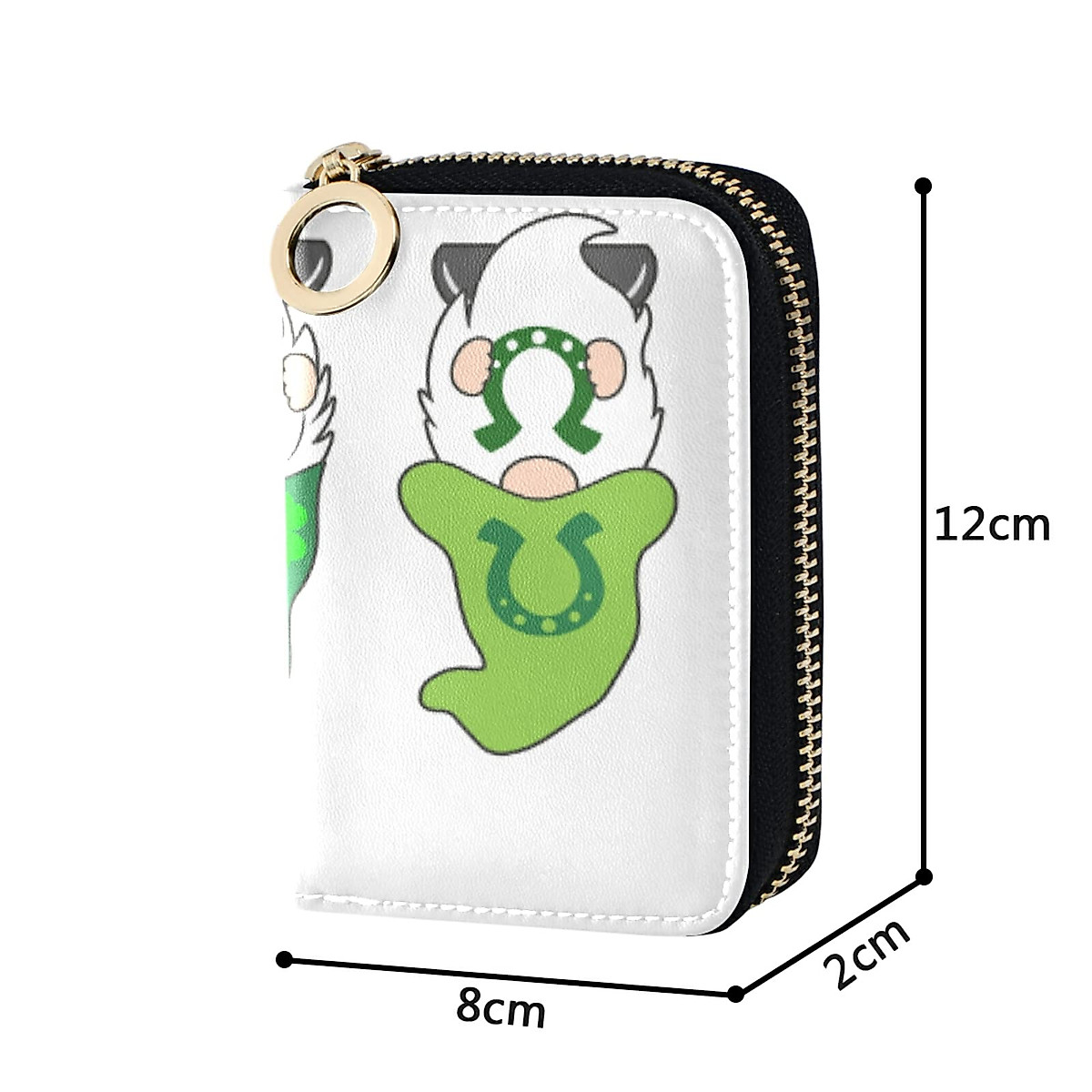 St Patrick Day Gnomes with Green Shamrock Clovers Leaves on WhiteGrey Credit Card Coin wallet, RFID Blocking Compact Women Leather Card Holder, Key Change Organizer, Zipper Purse Clutch Pouch