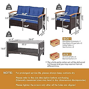 Tangkula 4 Piece Patio Rattan Conversation Set, Outdoor Wicker Sofa Set W/2-Layer Coffee Table, Backrest & Seat Cushions, Acacia Wood Curved Armrests, Suitable for Poolside, Backyard, Deck (1, Navy)
