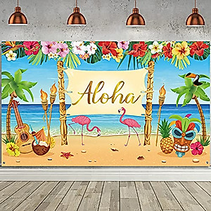 Hawaiian Aloha Party Decoration, Extra Large Summer Luau Beach Party Banner Backdrop Background Photography for Birthday Musical Party Baby Shower Tropical Tiki Themed Decoration, 72.8 x 43.3 Inch