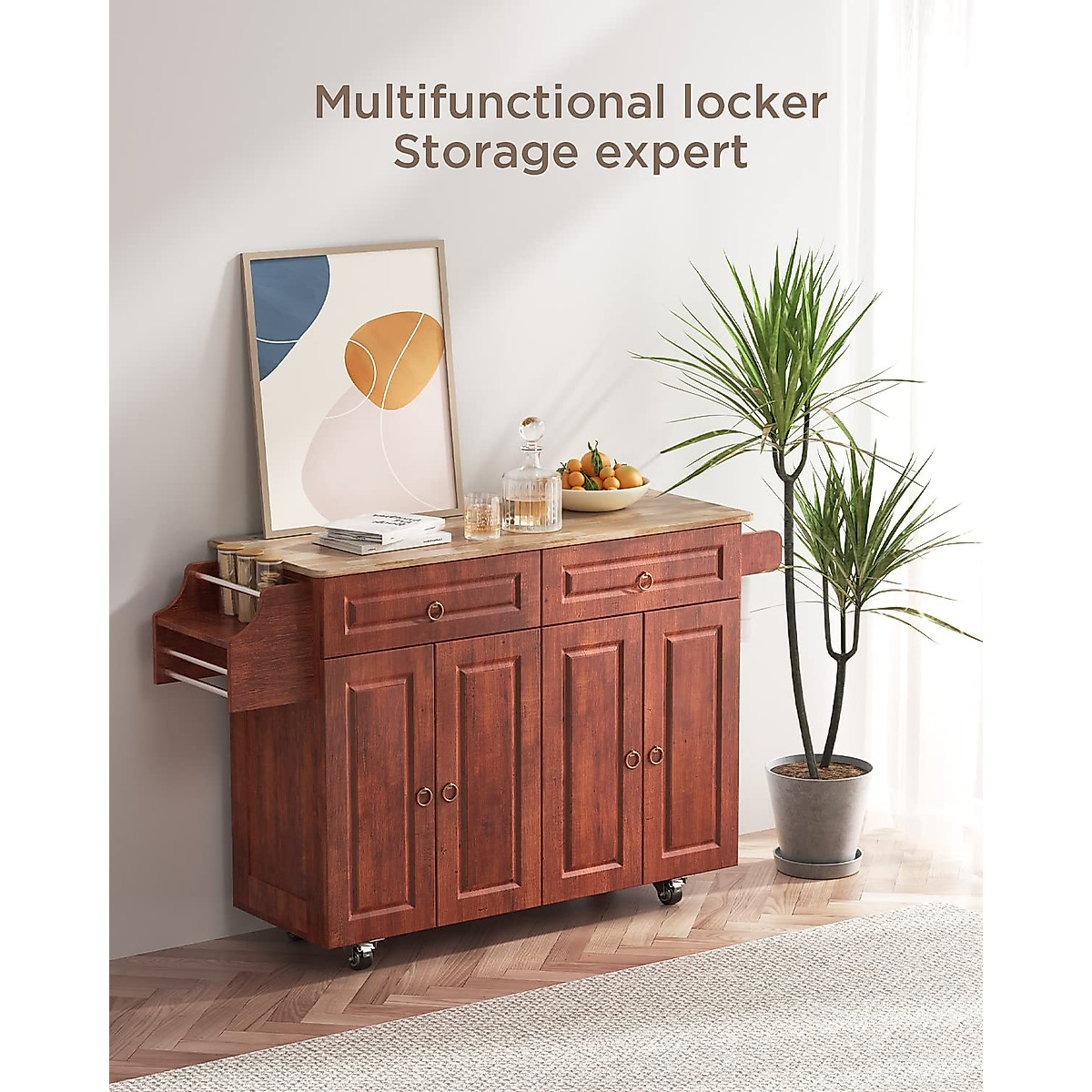 Qsun Kitchen Island with Drop Leaf Countertop, Wood Kitchen Island Cart on Lockable Wheels with Two Large Drawers and Two Large Storage Cabinet with Double Doors, Brown