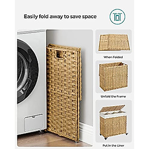 SONGMICS Laundry Hamper with Lid, 37 Gallon (140L), Rolling Laundry Basket with Wheels, 3-Section Synthetic Rattan Laundry Hamper, Removable Liner, Bedroom, 26x13x26 Inches, Natural ULCB363N01
