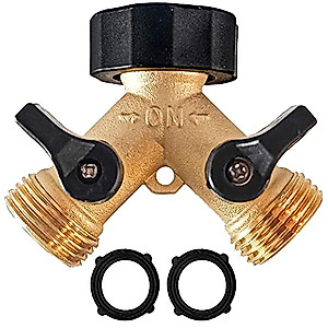 Hourleey Brass Garden Hose Splitter 2 Way, 3/4 Inch Hose Connector Tap Splitter, Hose Y Splitter, Hose Spigot Adapter 2 Valves with Extra Rubber Washers (1)