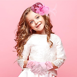 Auidy 6TXD Tea Party Supplies, 6 Pieces Girls Party Headwear and Accessories, Includes Folding Hand Fans, Clip on Hats, Satin and Lace Gloves, Rose Pink