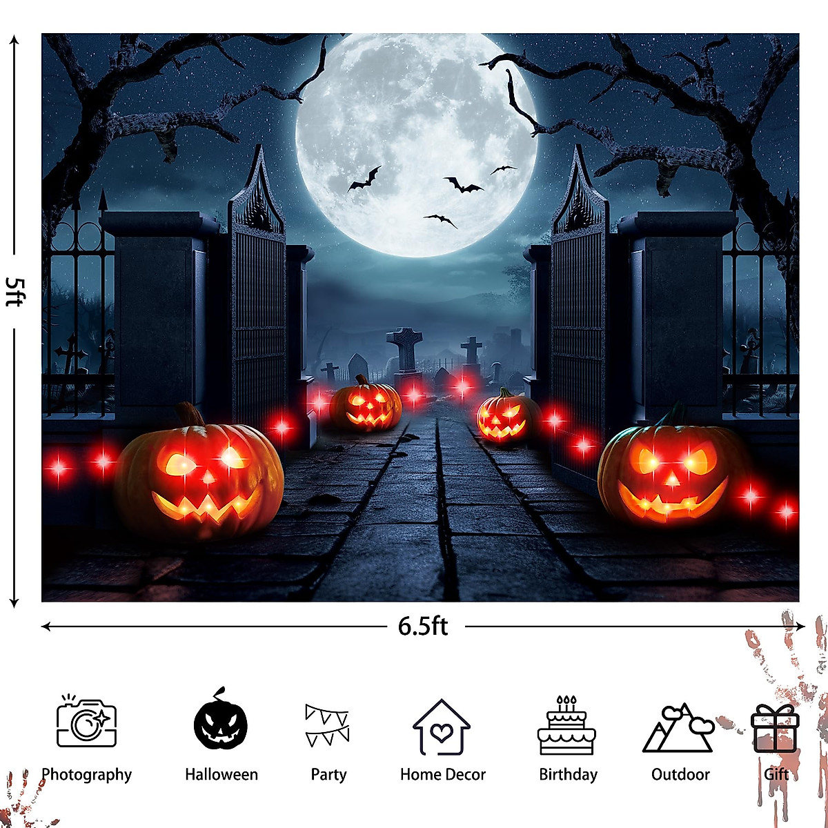 Light Up Halloween Backdrop Halloween Photo Cemetery Backdrops Scary Party Decorations Supplies for Photography Horror Photo Booth Props Background 6.5ft x 5ft