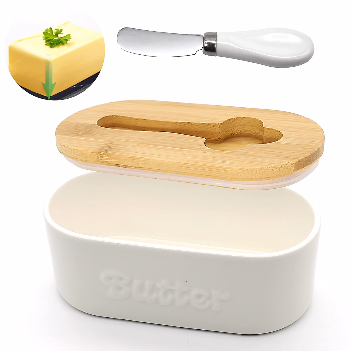 MBR FORCE Ceramic Butter Dish with Lid for Countertop Large White Farmhouse Butter Holder with Knife Butterdish Keeper Container Box