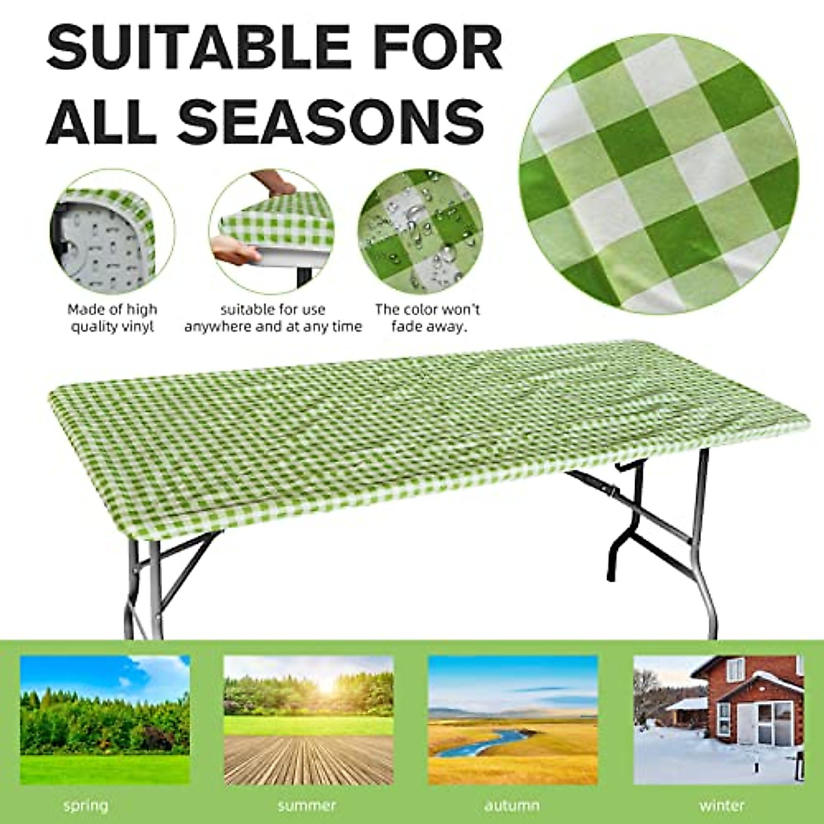 Byliable 6ft Fitted Tablecloth Rectangle Table Cover, Fitted Table Covers for 6 Foot Tables, Washable Picnic Table Cloth Indoor Outdoor Elastic Tablecloth, Green