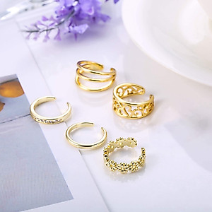 FUNRUN JEWELRY 5PCS Adjustable Toe Ring for Women Open Tail Ring Band Hawaiian Foot Jewelry Gold Tone