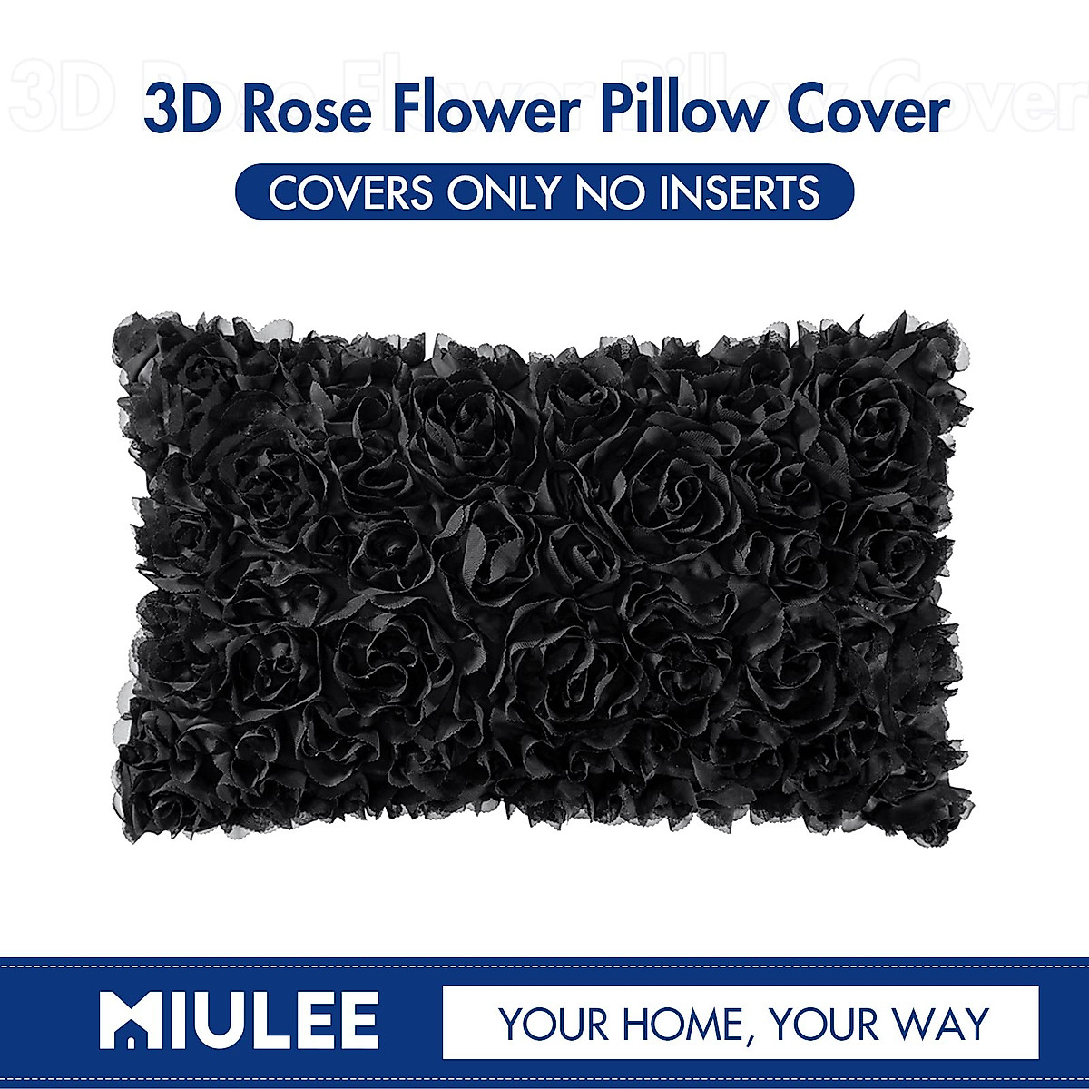 MIULEE 3D Decorative Romantic Valentines Stereo Chiffon Rose Flower Throw Pillow Cover Solid Pillowcase for Girl Women Wedding Sofa Bedroom Car Decor 12x20 Inch 30x50cm Black
