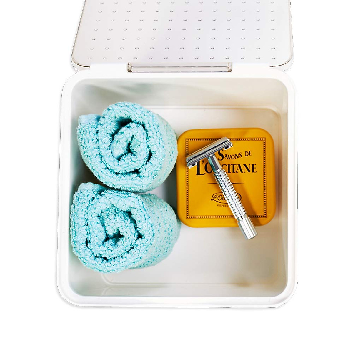 madesmart Small Stacking Lid Bin - White | STACK COLLECTION | Attached Clear Lid for Visibility | Multi-use Organizer | Non-slip Rubber Feet | - 79030