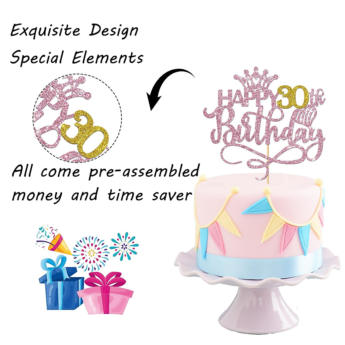 Happy 30th Birthday Cake Topper for Women, Pink & Gold Glitter 30th Birthday Cake Supplies, 30th Anniversary Party Cake Decorations