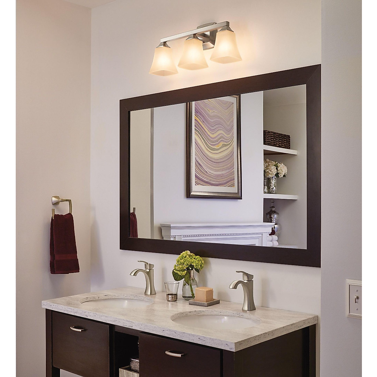 Moen Voss Brushed Nickel 3-Light Dual-Mount Bathroom Vanity Fixture with Frosted Glass, Bath Lighting Above Sink, YB5163BN