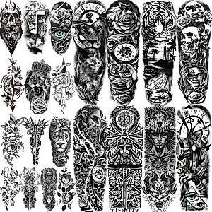COKTAK 21 Sheets Extra Large Black Temporary Tattoos For Women Adults Greek Myth With 8 Sheets Full Arm Sleeve For Men Maori Warrior Compass and 13 Sheets Fake Large 3D Tatoo Stickers