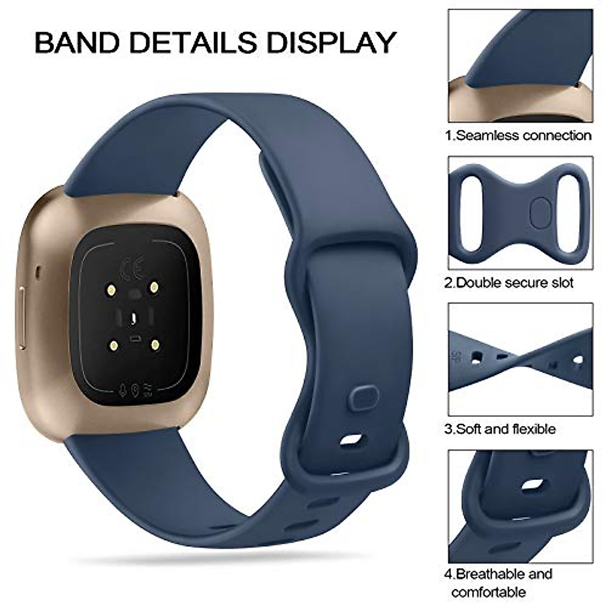 3 Pack Silicone Bands for Fitbit Sense Bands Fitbit Versa 3 Bands Women Men, Classic Soft Sport Bands Replacement Wristbands for Fitbit Sense/Versa 3 Smart Watch (Black/Navy Blue/Gray, Large)