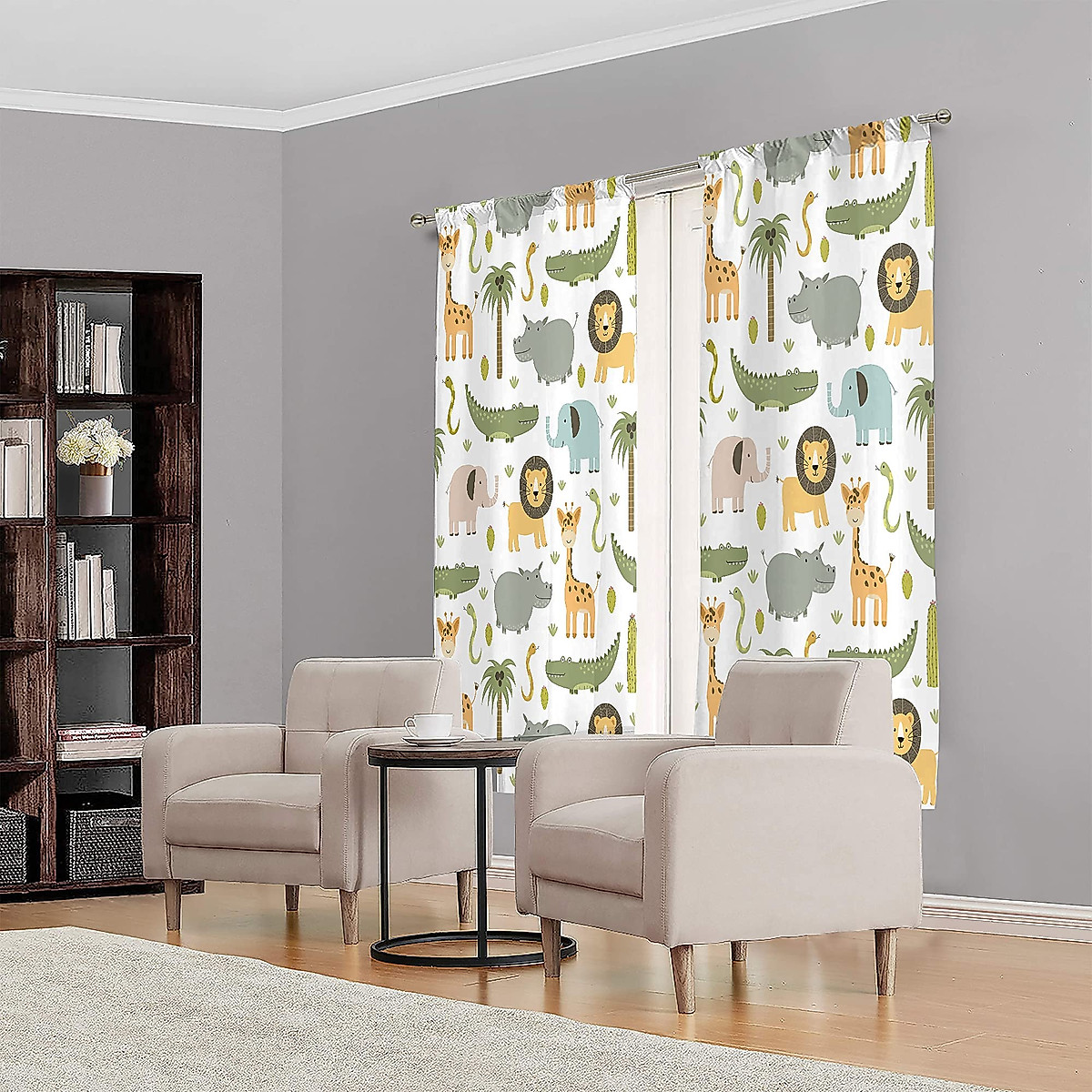 MESHELLY Kids Safari Curtains 42W X 63H Inch Rod Pocket Cute Cartoon Animals Baby Boy Nursery Bedroom Decor Woodland Jungle Lion Elephant Curtains for Children Living Room Window Drapes Fabric