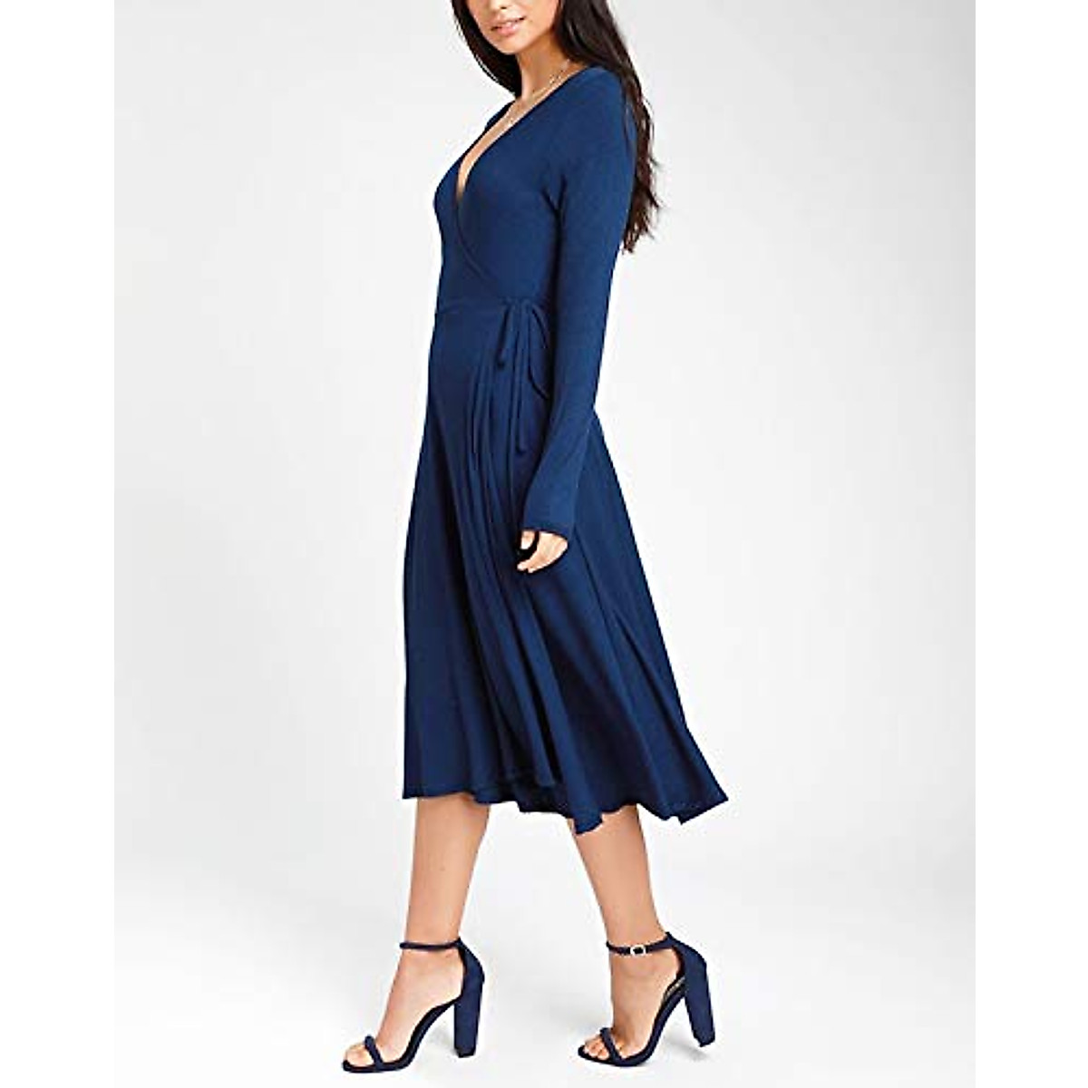 R.Vivimos Women Spring Autumn Long Sleeve Sweater Knitted Slim Elastic V Neck Sexy Midi Wrap Dresses （Large, Navy Blue）