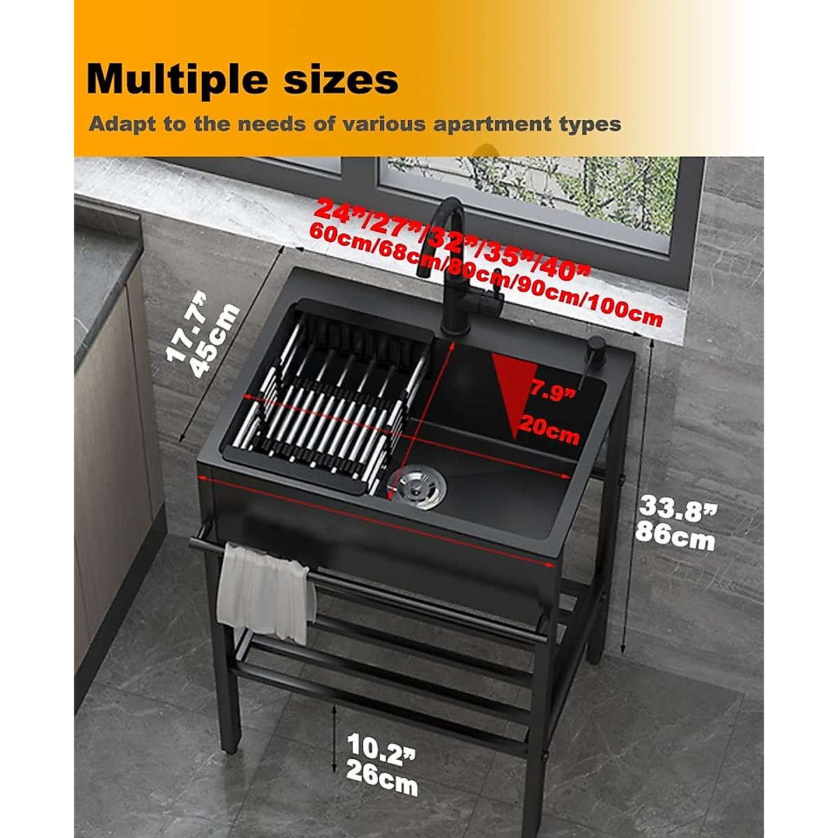 Stainless steel black utility sink, stainless steel, kitchen sink,Eco-friendly paint-free integrated sink with drainer basket, pull-out faucet, drainpipe and filter basket, (Size : 17.7"*32"(45cm*80c