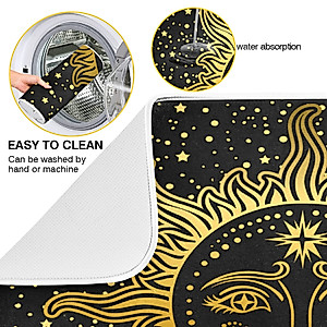 Hand Drawn Gold Golden Face of the Sun Stars on Black Dark Kitchen Dish Drying Mat, Absorbent Microfiber Pad Drainer, Heat-resistant Countertops Sinks Protector with Hanging Loop 18"x24"