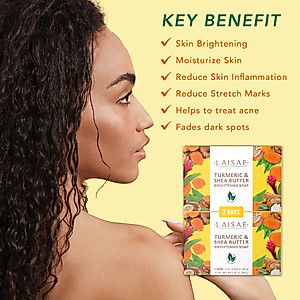 LAISAE Turmeric Brightening Soap Bar for Face Moisturizer with Shea Butter, Licorice Root Extract - Uneven Skin Tone Body Cleansing Bar for Black Women, Sensitive Skin, Vegan Soap, 3.52 oz (2 Bars)