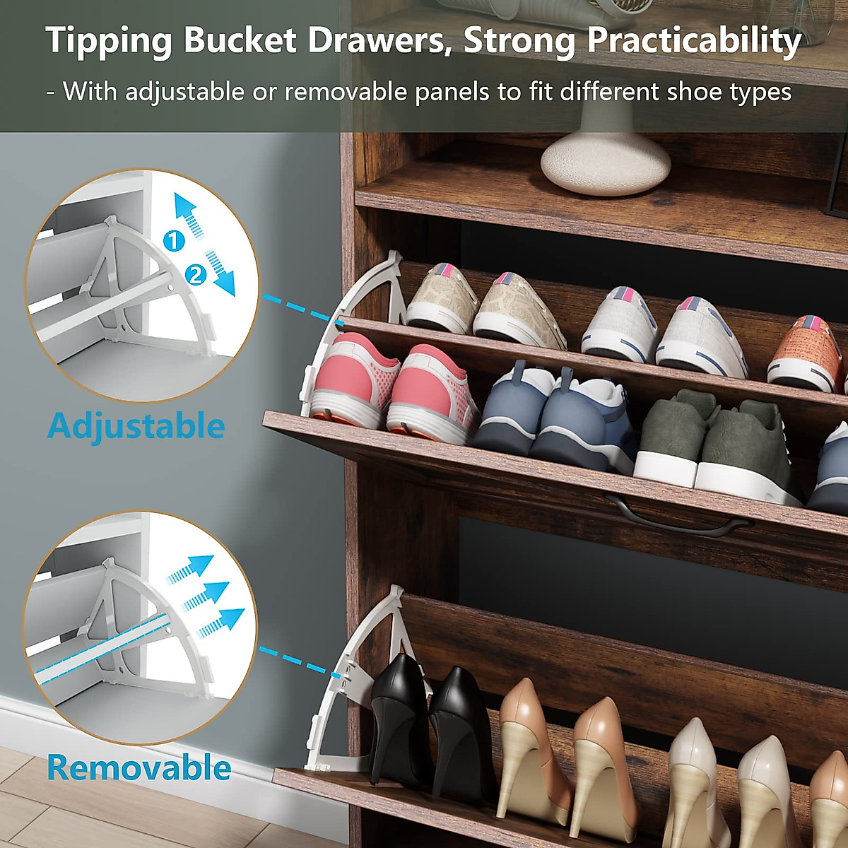 Auromie Shoe Cabinet, Freestanding Tipping Bucket Shoe Storage Cabinet with 2 Flip Drawers, Entryway Shoe Rack with Storage Top Cubby, Narrow Slim Hidden Shoe Organizer with Doors (Brown)