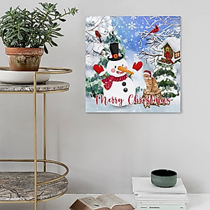 Snowman And Pet Cat Let It Snow Canvas Wall Art for Corridor, Christmas Decorations Modern Relax Prints Artwork Aisle Kitchen Bedroom Decor Waterproof, Ready to Hang 16x16 Inch