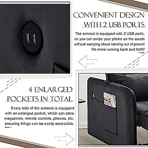 Velvet Pull Out Sleeper Sofa Bed with USB Ports, Convertible Futon Couch with Adjustable Backrest, 3 in 1 Modern Loveseat with 2 Pockets and Pillows, Small Love Seat for Living Room, Office, Black