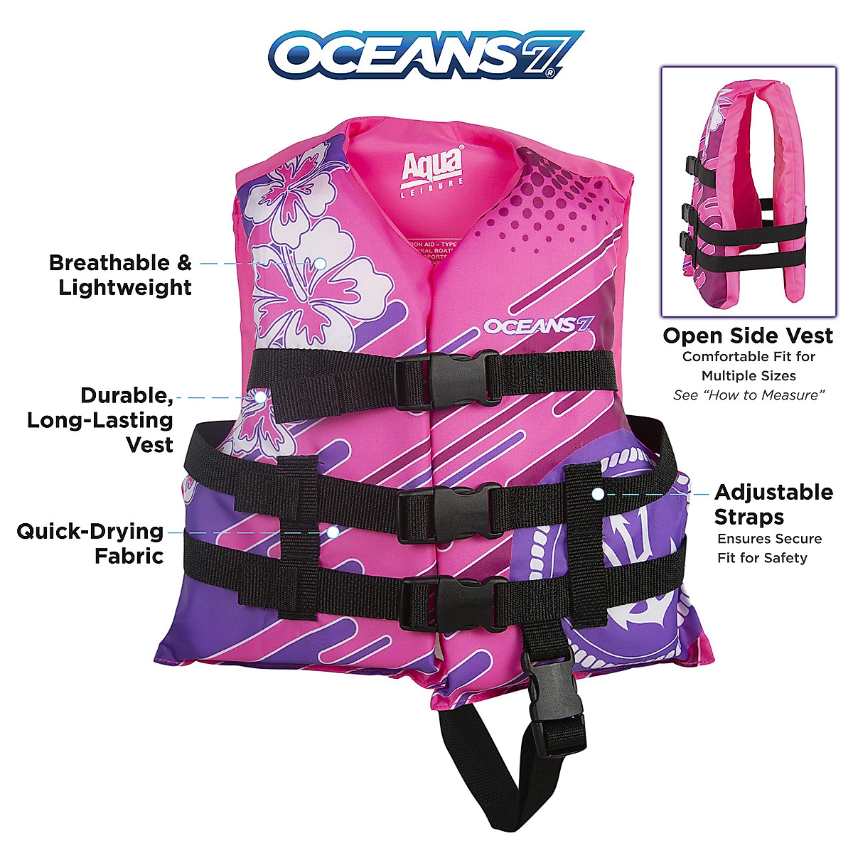 Oceans7 US Coast Guard-Approved, Type III – Kids Life Jacket – Personal Flotation Device with with Comfortable Flex-Form-Fit Open-Sided Design – Pink/Berry