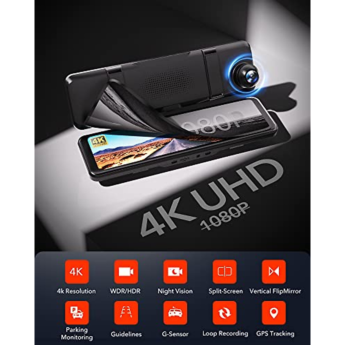 REDTIGER Rear View Mirror Camera 11'' UHD 4K Front and 1080P Rear View Mirror Dual Cameras for Cars,GPS,Parking Monitor,Night Vision,Smart Reverse Parking Assistance,Touchscreen,Free 32 GB Card