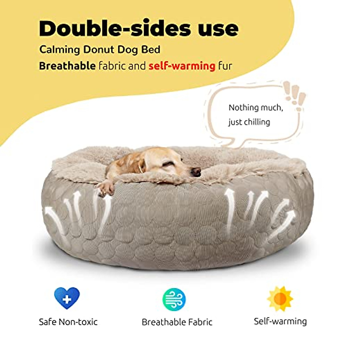 HACHIKITTY Dog Donut Bed Calming Bed Donut Round, Fluffy Dog Bed Medium Large Dogs, Cooling Warming Soft Dog Cushion Bed, Double Sided Available Donut Bed with Warm & Cool Sides(X-Large, Taupe)