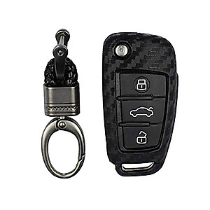 M.JVisun Soft Silicone Rubber Carbon Fiber Texture Case for Audi Flip Car Remote Key Fob Cover for Audi A1 A3 A4 A6 A8 Quattro Q2 Q3 Q7 R8 RS3 RS6 S3 S6 TT TTS Remote Key - Black - Weave Keychain