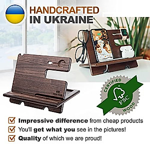TESLYAR Gifts for Men Wood Phone Docking Station Ash Fathers FdaWatch Organizer Men Husband Wife Anniversary Dad Birthday Father Graduation Gadgets Compatible with iPhone iWatch AirPods