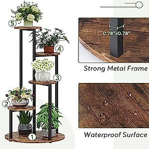 LITTLE TREE 5-Tier Corner Plant Stand, Free Standing Wood Metal Flower Rack Pot Shelf Display with Round Board, Garden Patio Balcony Plant Holder for Indoor Outdoor Living Room, Bedroom, Rustic Brown