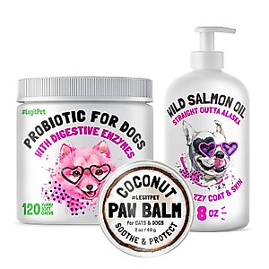 LEGITPET Probiotics for Dogs with Natural Digestive Enzymes 120 Soft Chews and Wild Alaskan Salmon Oil for Dogs & Cats 8 oz and Paw Balm Wax Soother & Moisturizer Cream with Coconut Oil 2oz Bundle