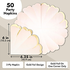 BLUE PANDA 50 Pack Pink & Gold Petal Floral Paper Napkins, 6.25x6 Inches, Scalloped Napkins for Birthday, Wedding, Bridal Shower, Tea Party & More